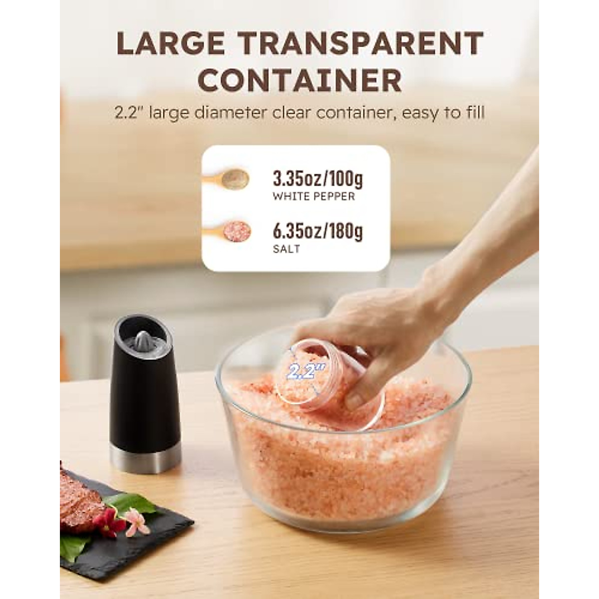 Gravity Electric Pepper and Salt Grinder Set, Sangcon Automatic Pepper and Salt Mill Grinder Battery Powered with LED Light, Adjustable Coarseness, One Hand Operation, Upgraded Larger Capacity, 2 Pack