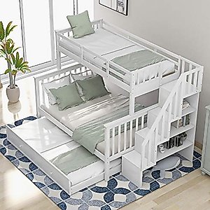 Polibi Twin-Over-Full Stairway Bunk Bed with Storage,Twin Size Trundle and Guard Rail,Bunk Bed Frame Convertible into 2 Beds for Bedroom,Dorm,or Adults,White