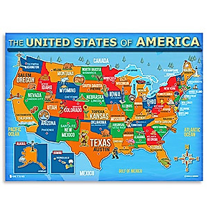 USA and World map poster 2 pack for kids Laminated large illustrated Light blue Young N Refined 15x20)