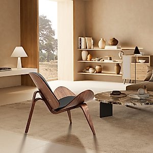 Furgle Mid Century Modern Chair Tripod Design Shell Chair with Black PU Leather Plywood Solid Wood Cute Accent Chair for Living Room, Reading Side Chair for Bedroom, Study, Office