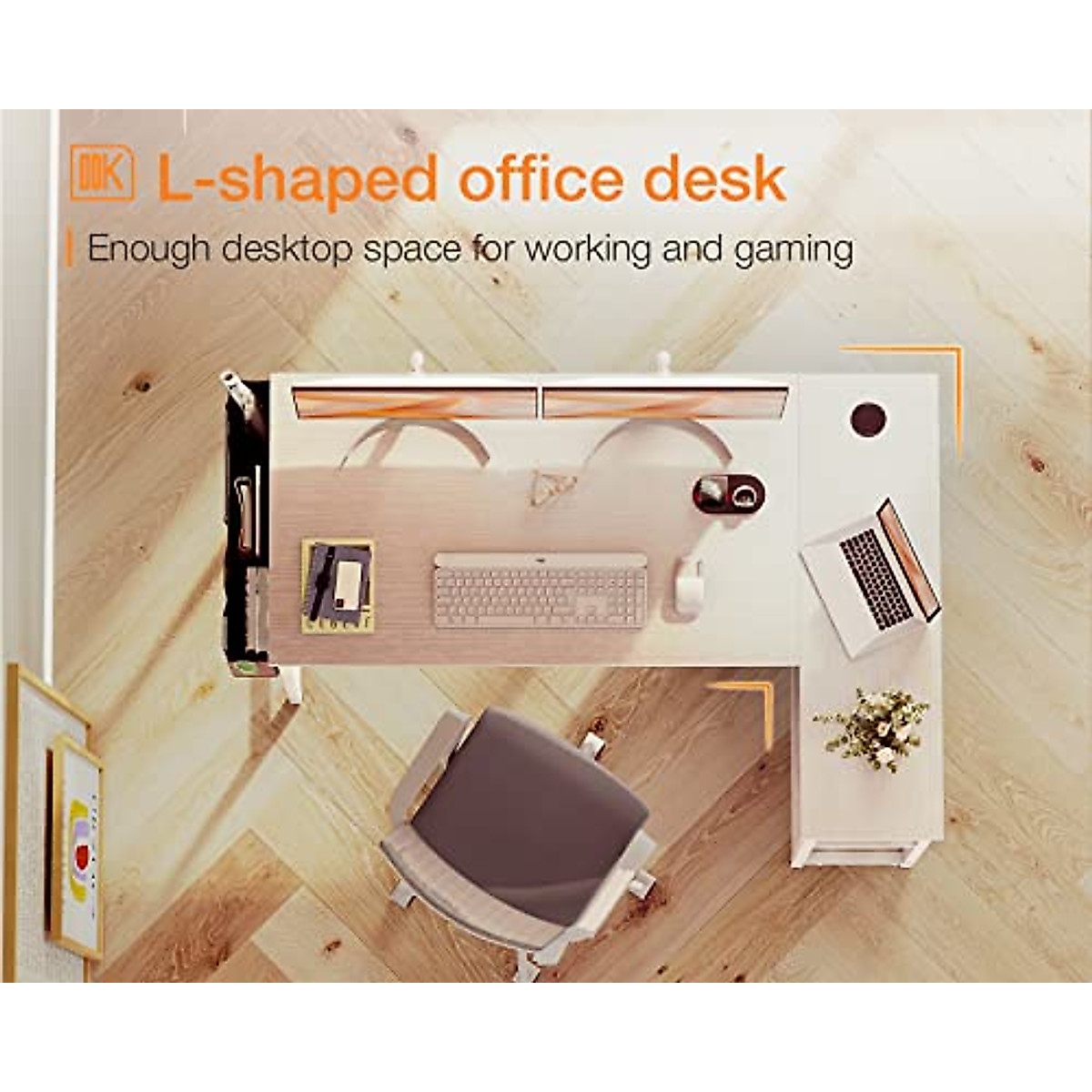 ODK Small L Shaped Computer Desk, 55 Inch Corner Desk with Reversible Storage Shelves & PC Stand for Home Office Workstation, Modern Simple Writing Study Table with Storage Bag for Small Space, White