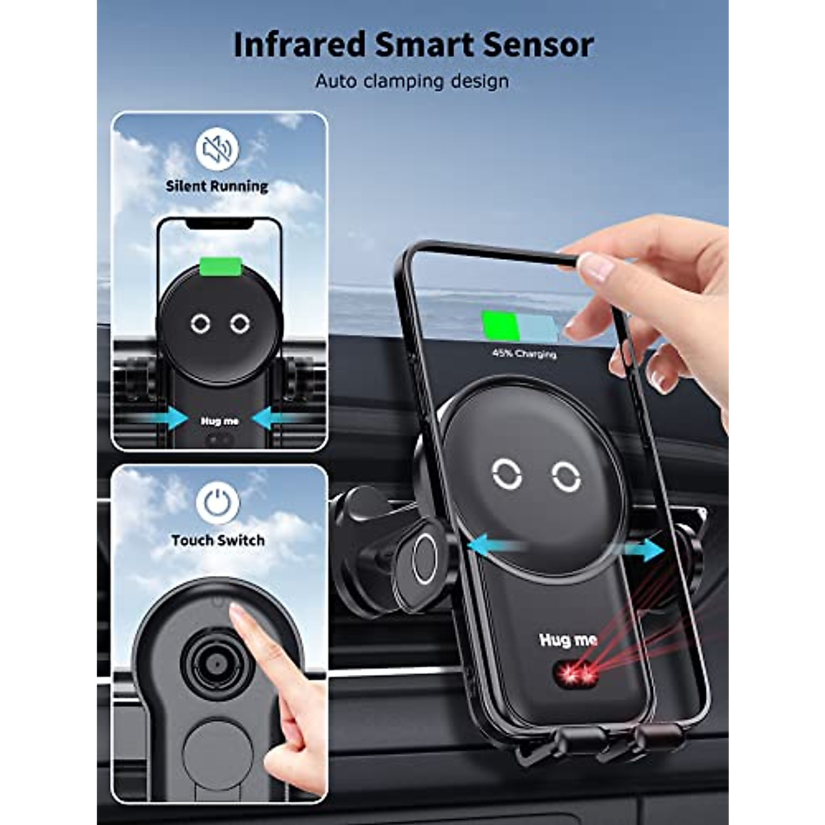 Wireless Car Charger, BENBOAR 15W Fast Charging Kharly Car Phone Holder, [Hug me] Astronaut Smart Sensor Auto-Clamping Phone Mount Car Air Vent Stand for iPhone Samsung Google LG etc Smartphones,Black