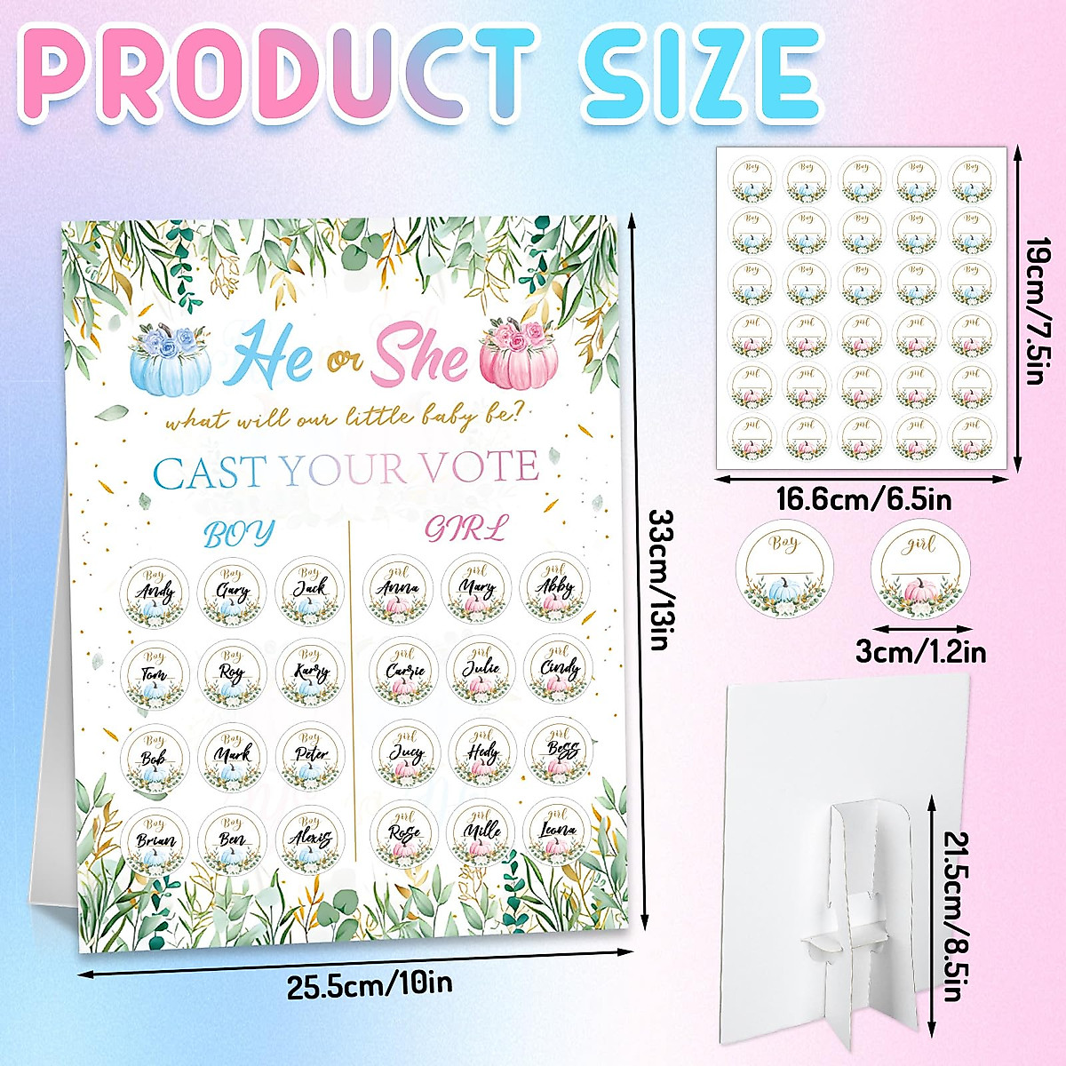 Whaline Fall Pumpkin Gender Reveal Board with Stand What Will Our Little Baby Be Eucalyptus Leaf Gender Reveal Game with Voting Stickers for Autumn Baby Shower Supplies