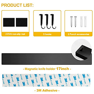 Black Magnetic Knife Strip for Refrigerator - Larger 17 inch Double Sided Stainless Steel Magnetic Kitchen Knife Holder with hooks for Wall/fridge - Strong Knife Strip Magnet/Knife Rack/Knife Bar