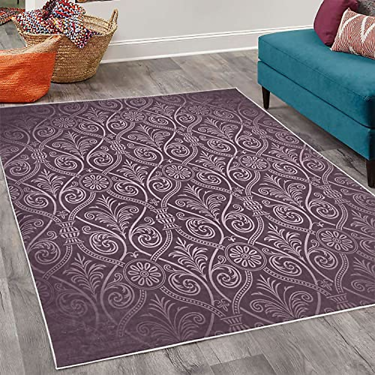Lunarable Damask Decorative Rug, Antique Baroque Pattern Mild Gothic Victorian Style Repeated Curly Motifs, Quality Carpet for Bedroom Dorm and Living Room, 5' 1" X 7' 5", Plum Lilac