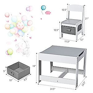 KOTEK Kids Wood Table and 2 Chairs Set with Blackboard & Storage Drawers, Children Multi Activity Table for Learning, Playing, Drawing, 3-in-1 Toddler Art Crafts Desk and Chairs Set (Gray & White)