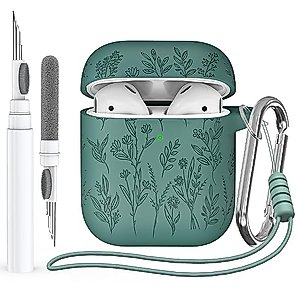 Flower Engraved Case for Apple AirPods 2nd Generation 2019, Soft Silicone Protective Case for AirPods 2nd/1st Gen Case Airpod Case with Clean Kit,Carabiner,Lanyard,Front LED Visible,Pine Green