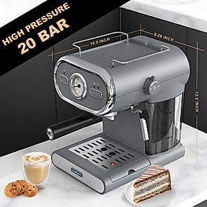 Laekerrt Espresso Machine with Visible Thermometer, 20 Bar Pump Pressure Home Coffee Machine with Milk Frother Steam Wand, 1100W Cappuccino Latte Coffee Maker, with 2 Stainless Steel Filter Cups