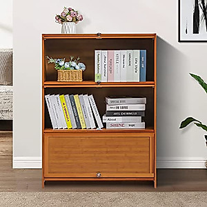 MoNiBloom 3 Tier Bookcase, Bamboo Free Standing Book Shelf Organizer Storage with Flip Doors for Home, Balcony, Hallway, Office, Bedroom, Brown