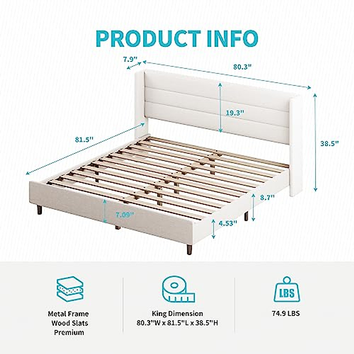 CECER King Size Platform Bed Frame with Upholstered Headboard, Bed Frame with Strong Wooden Slats, Strong Weight Capacity, No Box Spring Needed, Easy Assembly, Beige