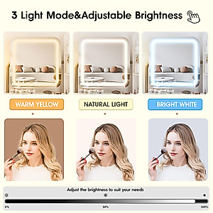 Fameill Vanity Desk with Mirror and Lights, White Makeup Table and Chair Set with 2 Storage Drawers&Cabinet&Shelves, Small Vanity Desk for Bedroom, 3 Lighting Mode