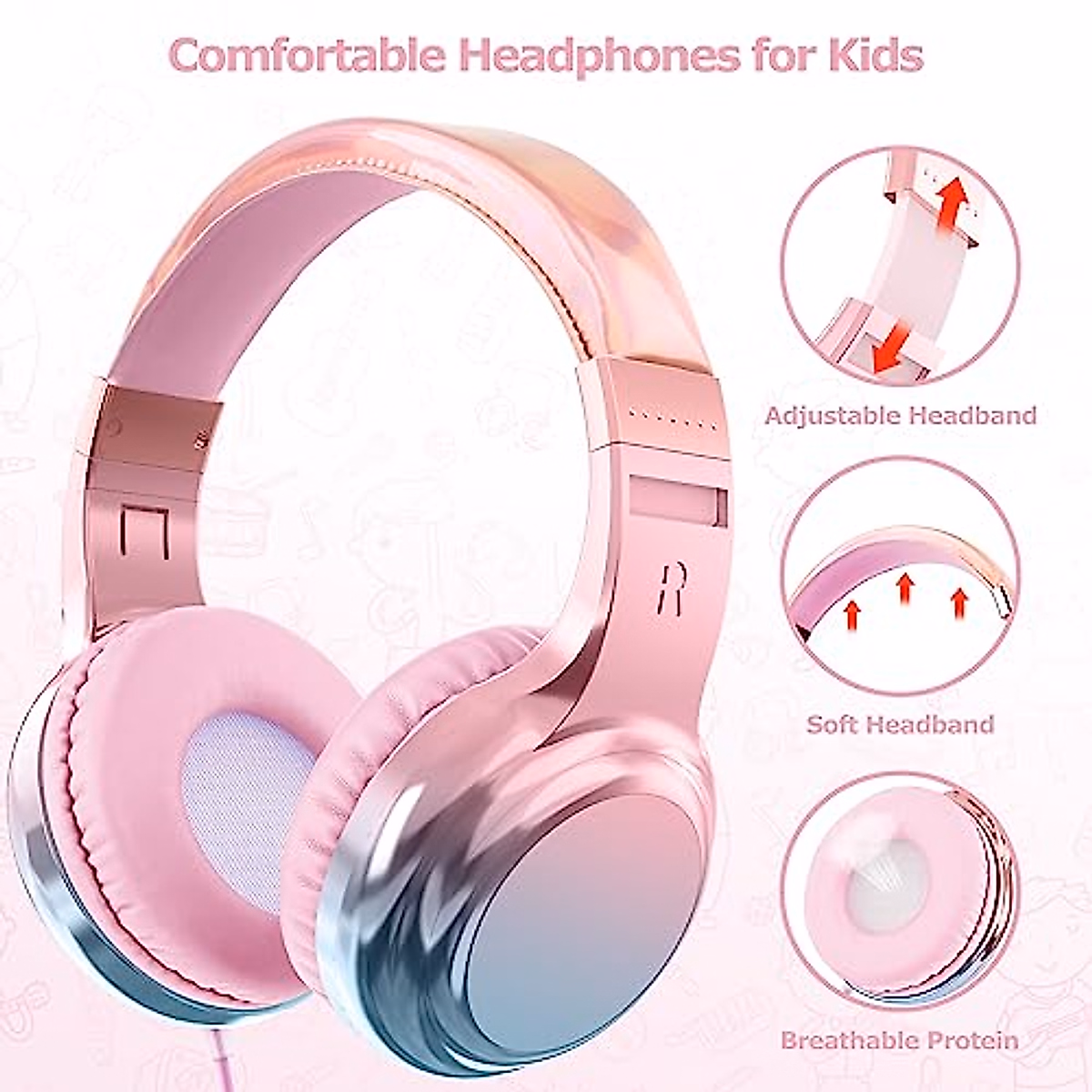 QearFun Headphones for Girls Kids for School,Cool Kids Wired Headphones with Microphone&3.5mm Jack,Teens Noise Cancelling Headphone with Adjustable Headband for Tablet/Smartphones-Gradient Pink