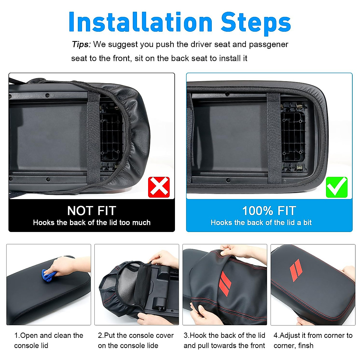 REMOCH for Dodge Charger Accessories 2011-2021 2022 2023 Center Console Cover for Chrysler 300 2015-2022 Leather Armrest Cover Seat Console Box Lid Protector Interior (Red Stitches, Leather)