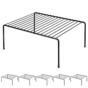 Set of 6 Kitchen Cabinet Storage Shelf Rack - (13.1 x 10.2 Inch) /Plastic Feet - Steel Metal - Rust Resistant Finish - Cups, Dishes, Cabinet & Pantry Organization (Black)