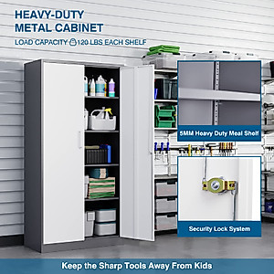 PEUKC Metal Garage Storage Cabinet, 71-inch Tall Cabinet with Adjustable Shelves & Locking Doors, Tool Cabinets for Garage,Office,Home,School,Gym (Grey White)