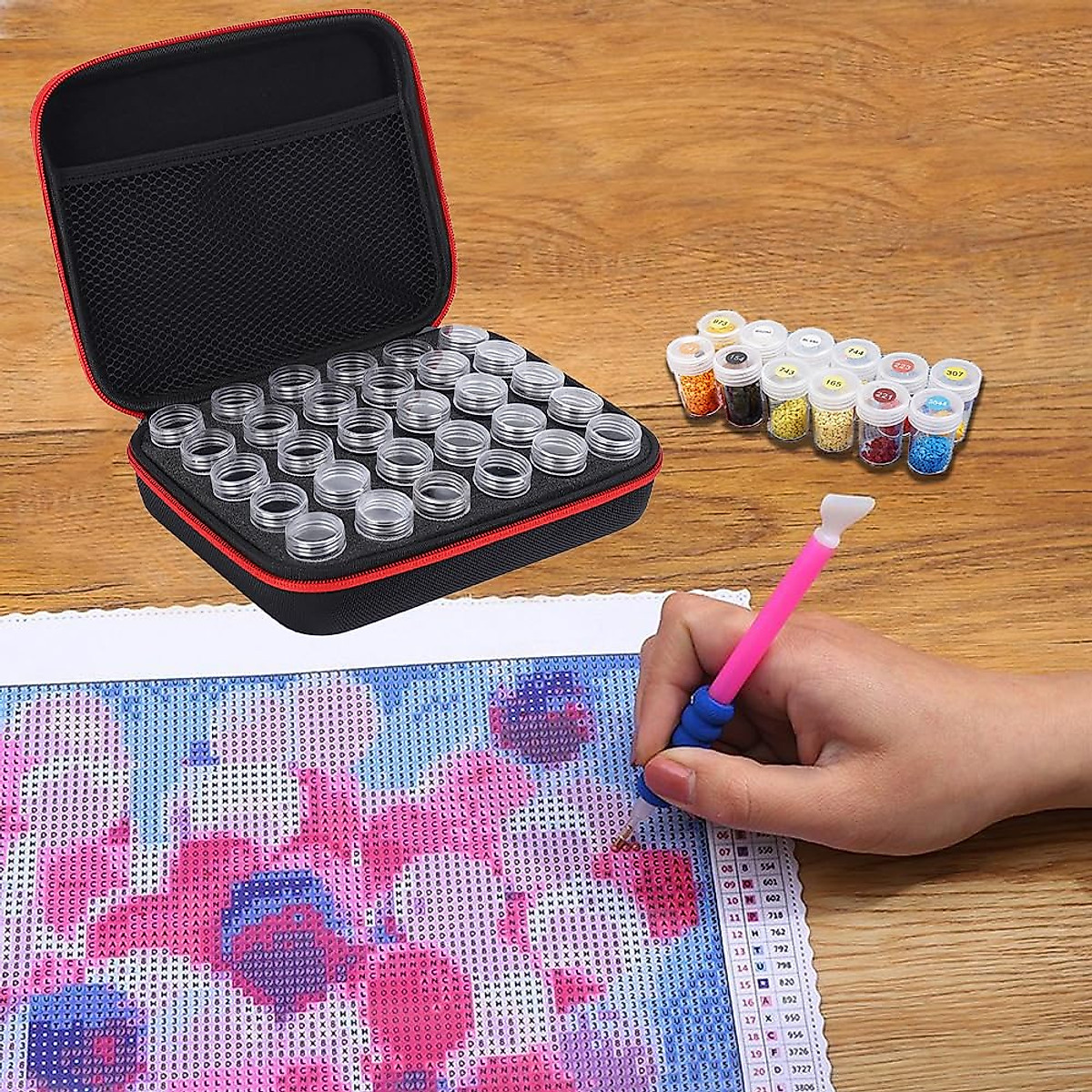 Lwuey Diamond Painting Storage Containers, 30 Slot Diamonds Storages Case Portable Paintings Organizer Shockproof Art Store Cases Box for DIY Diamond Arts Craft Jewelry Bead Rhinestones Organizer(Red)