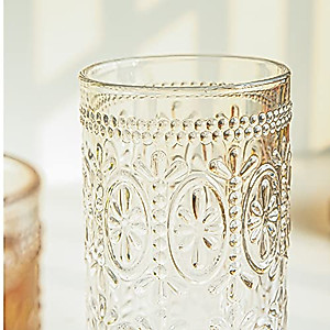SoulTimes Vintage Glassware Embossed Glass Cups Set of 4, 12 oz Romantic Water Glasses, Highball Beverage Glasses Cup, Cocktail Glasses Drinking Glasses, for Juice, Beverages, Cocktail, Water