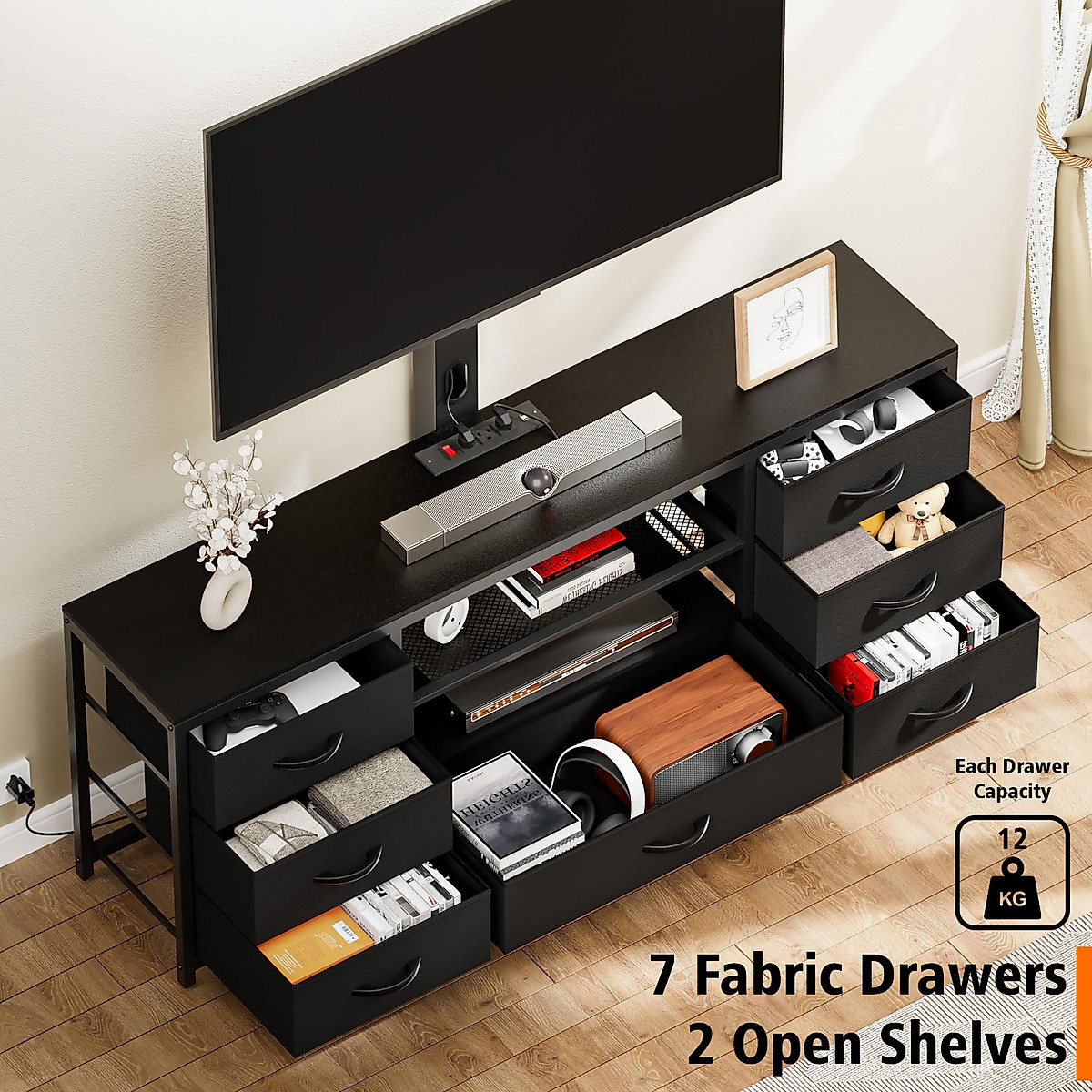 TV Stand with Mount and 7 Fabric Drawers, Led Entertainment Center with Power Outlets for 32 45 55 60 65 70 inch TVs, Black Dresser with Open Shelves Media Console Cabinet for Living Room Bedroom