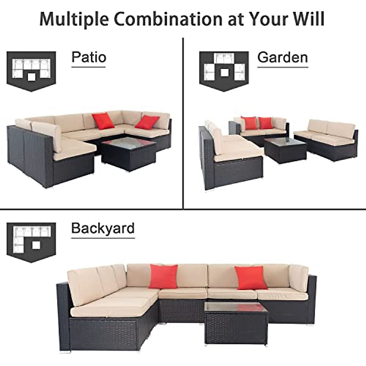 SUNCROWN 7-Piece Outdoor Sectional Sofa Couch - PE Rattan Wicker Modular Patio Furniture Conversation Set with Glass Coffee Table and Furniture Cover - Beige