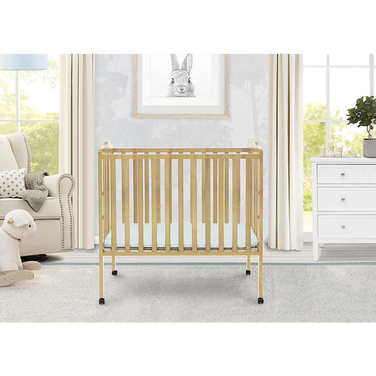 Delta Children Folding Portable Mini Baby Crib with 1.5-inch Mattress - Greenguard Gold Certified, Natural