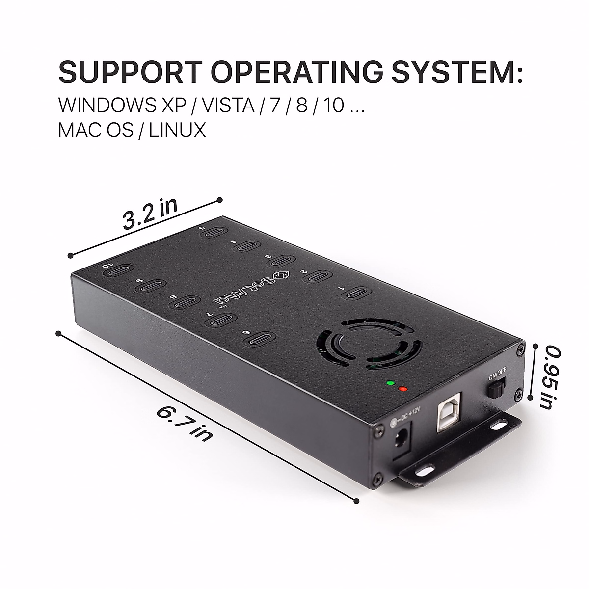 SotMa 10 Port USB C 2.0 Hub - USB Type C Hub - Multi-Port USB-C Hub - Powered USB C Expander for Mining - USB C Big Power Splitter with 12V 10A Power Adapter, LEDs, Mounting Bracket - Black