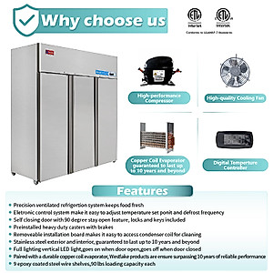 WESTLAKE 72" W Commercial Refrigerator 3 door 3 Section Stainless Steel Reach in Solid door Upright Fan Cooling 54 Cu.ft Cooler for Restuarant, Bar, Shop, etc