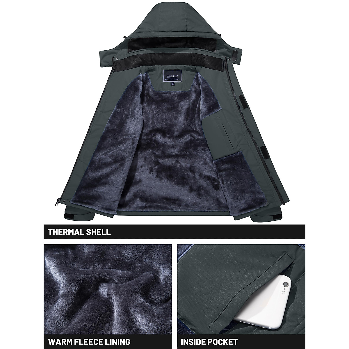 TACVASEN Rain Coat Mens Winter Warm Jacket Fleece Waterproof Jakcet Ski Snow Coats for Men Insulated Softshell Jacket