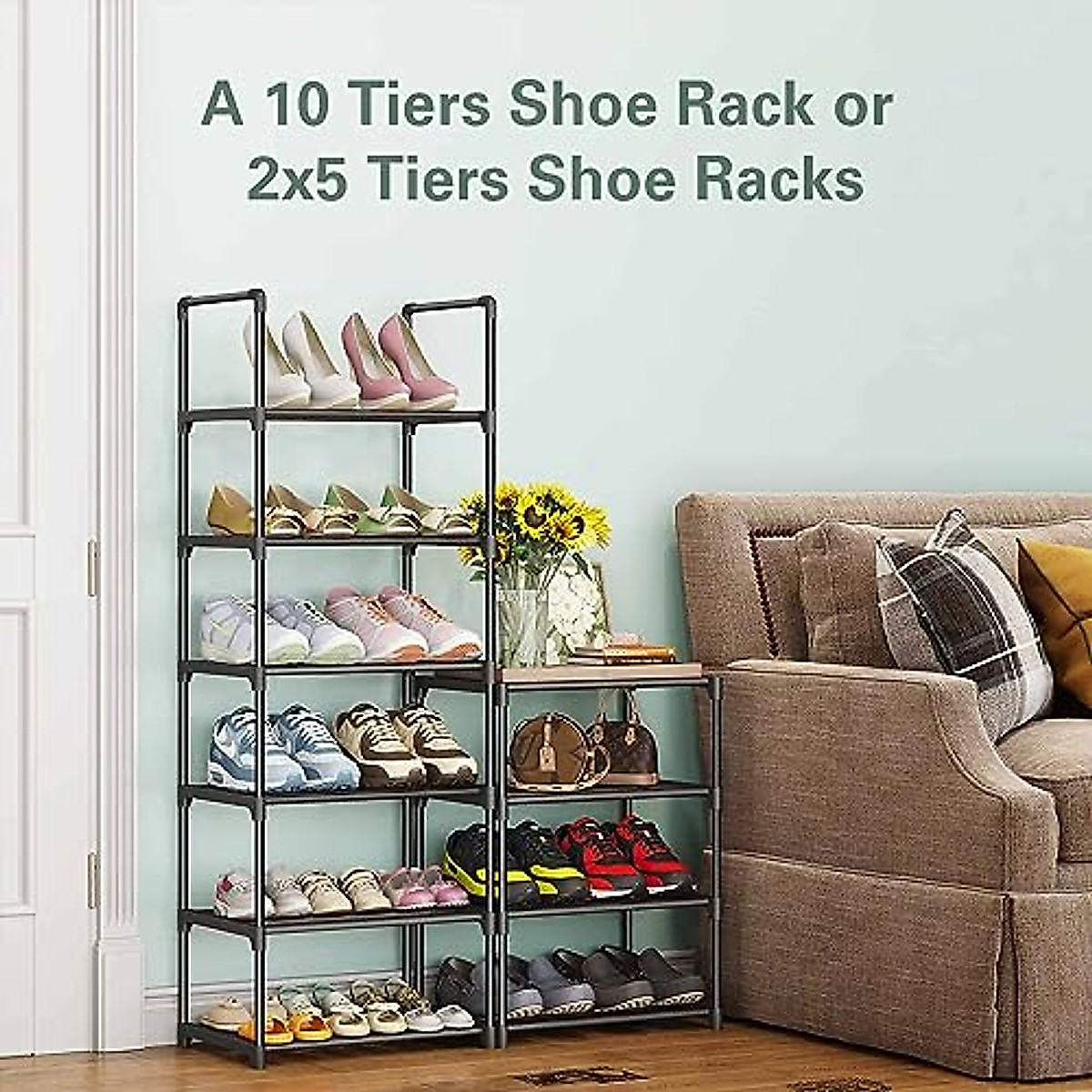 ciecie Shoe Rack for Closet and Entryway, 10 Tiers Shoe Shelf Organizer and Storage for 20-24 Pairs of Shoes and Boots, Space Saving Shoe Shelf with Anti-Tip Anchors Kit