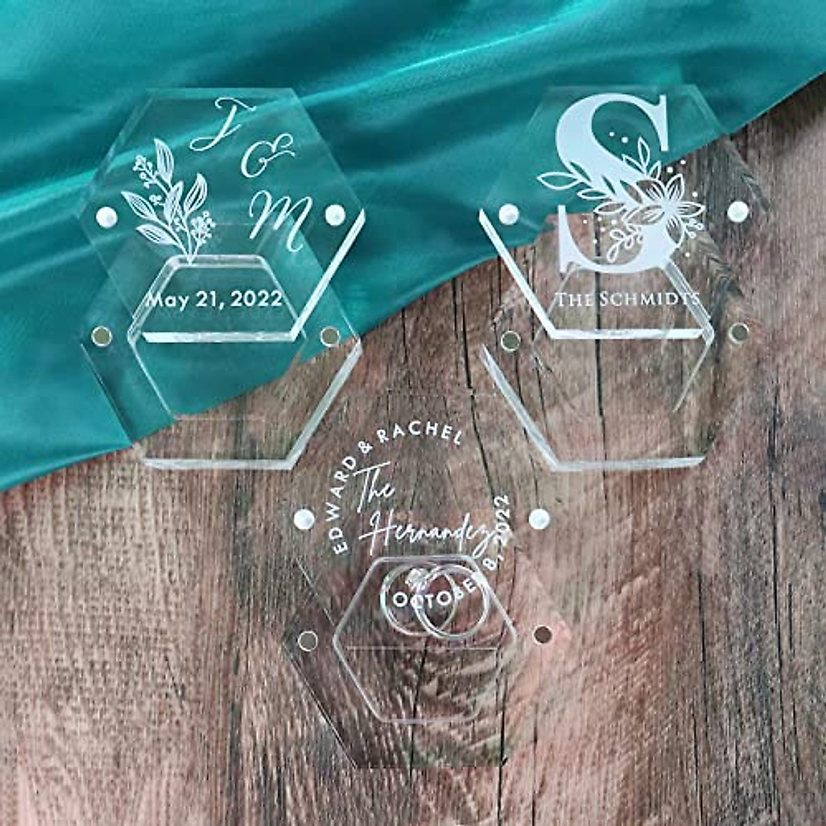 JFLL Personalized Clear Hexagon Wedding Ring Box，Engraved Romantic Wedding Jewelry Bearer Box, Engagement Proposal Ring Storage Gift, Modern Ring Dish，Custom Names & Date, Transparent