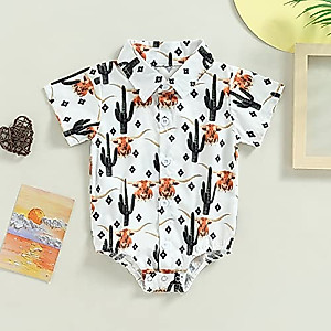 AEEMCEM Baby Boy Western Clothes Cow Print Dress Shirt Bodysuit Short Sleeve Button Up One-Piece Romper Jumpsuit Boho Clothes (A White Cow&Cactus, 0-6 Months)