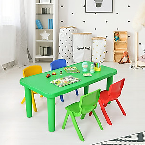 HONEY JOY Kids Table and 4 Chair Set, 48 x 24 Inch Children Rectangular Study Table w/Stackable Seats, 4 Pcs Plastic Activity Toddler Furniture Set for Playroom Daycare, Gift for Boys Girls (Colorful)