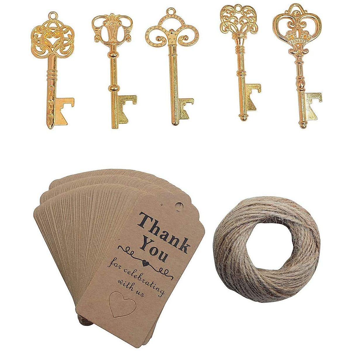 50 Pcs Gold Skeleton Key Beer Bottle Opener With 100 Pcs Thank You Card and 98 Feet Hemp Rope for Wedding Party Favors (50pcs Gold)