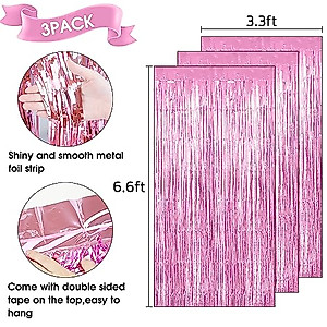 Fringe Backdrop, Pink Backdrop, Foil Fringe Curtains, 3 PCS 3.3x6.6ft Tinsel Curtain Backdrop Streamers for Valentine's Day Birthday Wedding Bachelorette Party Supplies Graduation Decorations