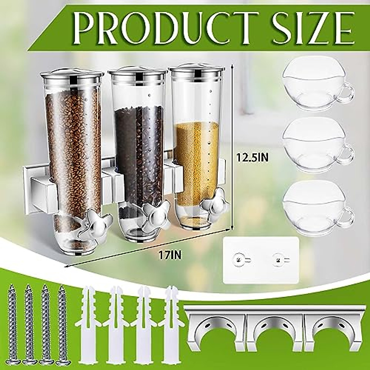 Umigy 2 Pcs Candy Dispenser Wall Mounted, Triple Dry Cereal Grain Dispenser Machine Wall Mount, Food Storage Container for Pantry Snack with 3 Cup for Kitchen, 39 oz (Silver)