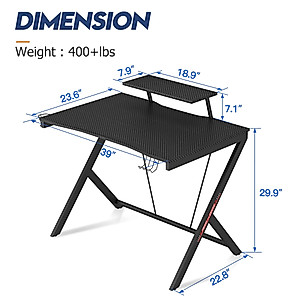 MOTPK Gaming Desk 39 Inch, Computer Desk with Monitor Shelf, Gaming Table Carbon Fiber Coated, Gift Ideas, Gamer Desk with Cup Holder and Headphone Hook, Black