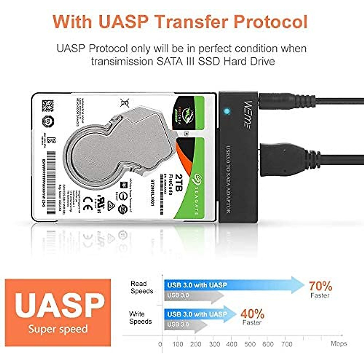 WEme USB 3.0 to SATA Converter Adapter for 2.5 3.5 Inch Hard Drive Disk SSD HDD, Power Adapter and USB 3.0 Cable Included