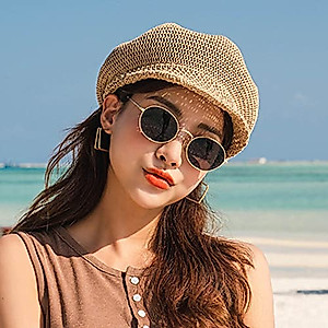 Newsboy Caps Straw Cap Women Summer Newsboy Cap Straw Knitted Beach Sun Hat with Adjustable Rope for Women Sun Hat Khaki