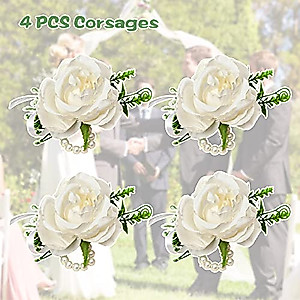 Yanmucy Corsage and Boutonniere Set Flower Wrist Corsage Bracelets for Wedding White Champagne Blue Pink Prom Corsage for Girls Boys Bridesmaid Best Men Dress Suit Decoration