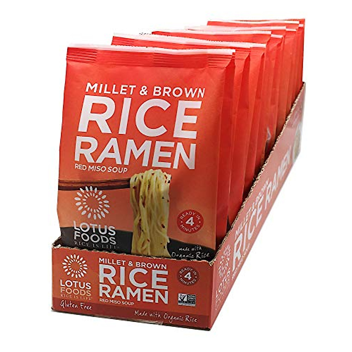 Lotus Foods Bulk Food Organic Millet & Brown Rice Ramen Noodles with Red Miso Soup, Gluten-Free Easy to Cook & Healthy Japanese Noodles with Instant Gourmet Broth, 2.8 Oz (Pack of 10)
