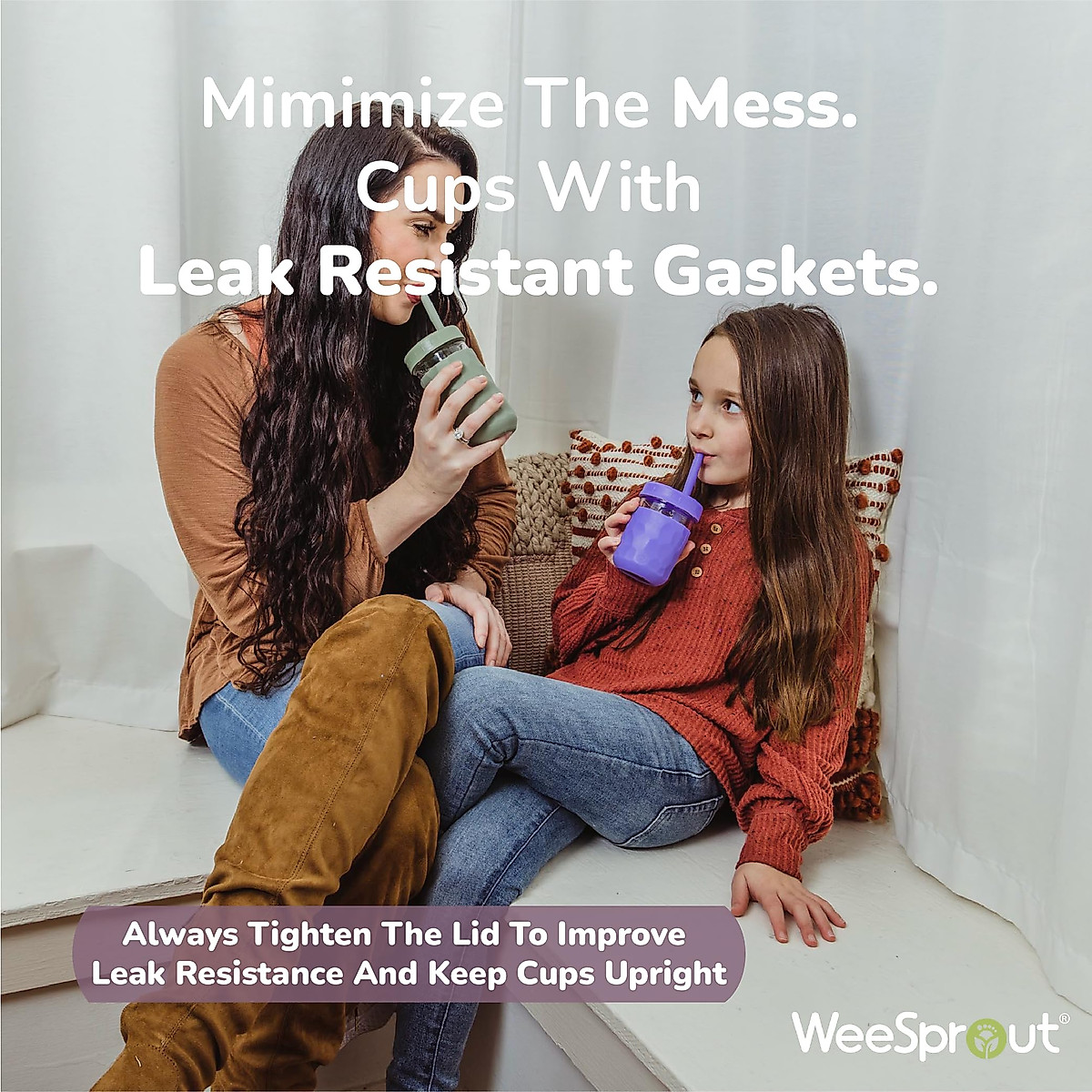 WeeSprout Glass Cups With Lids & Straws, Spill-resistant Cups for Toddlers & Kids, Triple as Toddler Cups, Baby Food Storage & Snack Jars, XL Silicone Straws, Easy-grip Sleeves, Set of four 12 oz jars