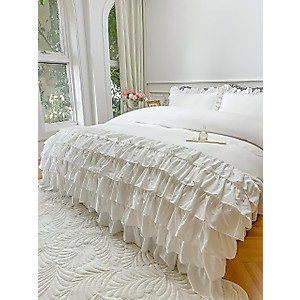 MOOWOO Waterfall Ruffle Duvet Cover Queen,3 Piece White Shabby Chic Bedding Solid Color Soft and Breathable with Zipper Closure & Corner Ties