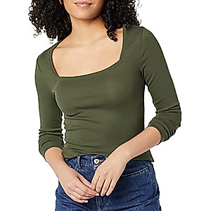 Amazon Essentials Women's Slim-Fit Long Sleeve Square Neck T-Shirt, Olive, Medium
