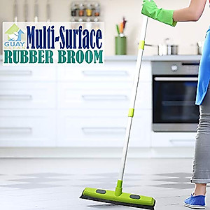 Guay Clean Rubber Push Broom Pet Hair Fur Removal Soft Bristle Sweeper for Carpet and Floor, Squeegee and Grommet for Pads and Towels -Telescopic Pole up to 50 Inches - Blue