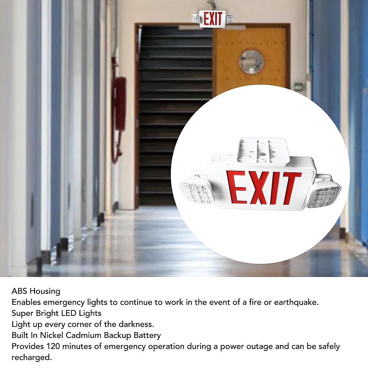 Led Exit Signs With Emergency Lights, Red Emergency Signage AC85 to 265V Emergency Exit Sign With 2 Emergency Light for Schools, Churches, Hospitals