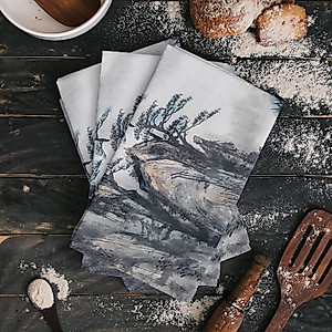 3 PCS Kitchen Towels with Hanging Loop Super Absorbent Soft Dish Towels Chinese Painting Print Tea Hand Towels Drying Cleaning Asian Mountain Range Landscape Nature Trees Sketchy Illustration,
