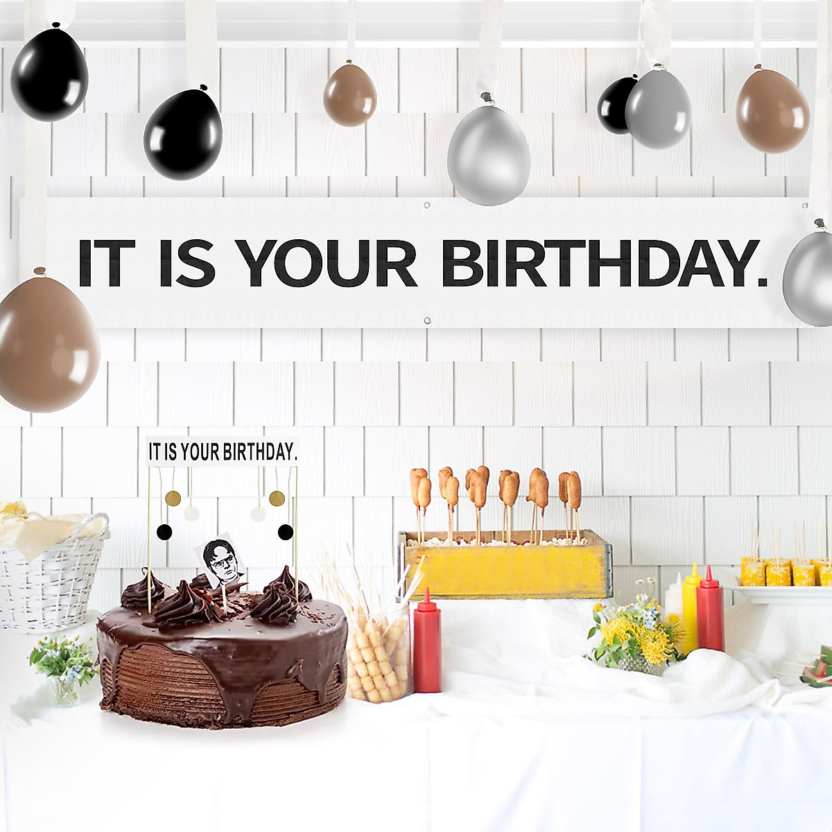 The Office Birthday Decorations with It Is Your Birthday Banner, Cake Topper, Balloons 50Pcs Full Kit, 12 Inches Grey Brown Black Balloons Packs for colleagues Boss Birthday Office Party Decorations