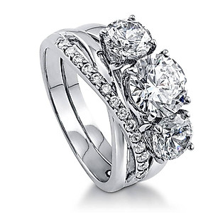 BERRICLE Sterling Silver 3-Stone Wedding Engagement Rings Round Cubic Zirconia CZ Criss Cross Ring Set for Women, Rhodium Plated Size 8