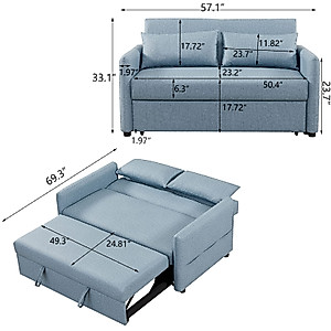 Aoowow Convertible Sleeper Sofa Bed 57 Inches, Faux Leather 2 Seats Sofa with Pull Out Bed,Loveseat Sofa Couch with Adjustable Backrest, 2 Pillows Pocket for Living Room Small Apartment (Sky Blue)
