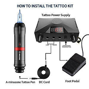 Rotary Tattoo Pen Kit for Beginners with 30Pcs Cartridges Needles and 10 Color Inks Power Supply Black Pro