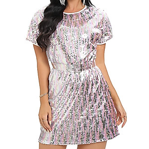 Sequin Dresses for Women Field Day Rainbow Sequin Festival Dress Short Sleeved Tshirt Dress (M, Rainbow)